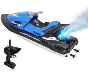 iokuki rc boats for kids & adults with spraying function, 2.4g remote control boat for pools & lakes with rechargeable toy boat battery/dual motors/low power prompt/waterproof - blue