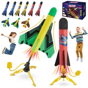 rocket toy outdoor rocket launcher for kids, shoots up to 100 feet, 6 colorful rockets and 3 planes with 2 sturdy launcher toy stand, birthday gift for boys girls age 3-12