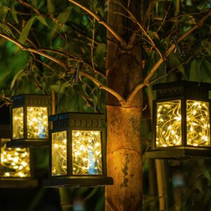 solar lanterns outdoor hanging solar star lantern 4pcs led warm light for halloween & christmas, solar powered led lantern decorative for patio yard garden.