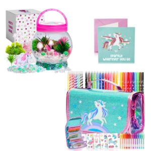 amitié lane unicorn gift set - diy terrarium kit and scented markers set - easy diy kids arts and crafts kits - girls toys and birthday gifts for kids age 4-12