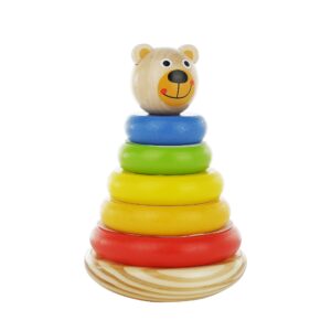 adorable bear wooden ring colorful rainbow stacker - solid wood educational baby toy for toddler boys and girls age 6-12 months, 1 year and up - developmental sorting and stacking toy (bear)