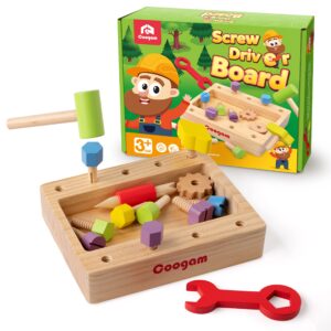 coogam wooden tool box, toddler fine motor skill construction building stem toy set nuts and bolts screw driver toolbox kit montessori educational gift for preschool year old kids