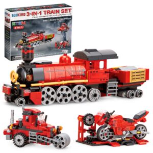 educiro toys train sets, 3 in 1 building kit steam train motorcycle tractor for kids,new 2021 creative play and easy to follow (305 pieces)