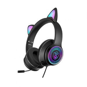 uxely cat ear gaming headset usb wired headphones with mic foldable rgb light up headphones for laptop/computer(black)