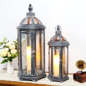 set of 2 outdoor lantern 24.5"&18" high decorative candle lanterns metal candle holder with tempered glass fall decorations for home garden patio living room indoor home yard hallway doorway(grey)