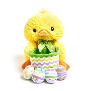 cuddle barn - basket of eggs - chick | easter basket stuffer animated animal plush toy chick holds basket of plush eggs and twirls around to bunny hop, 10 inches