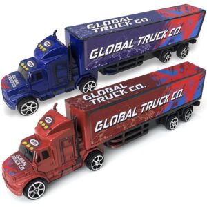 artcreativity semi truck toys for boys, set of 2, pull back truck toys for kids in red & blue, trailer trucks for hours of pretend play, unique toy car party decorations and boys’ room decor