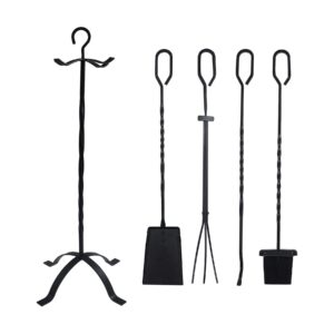 yinat fireplace tools set, 5 pieces of fire pit tools,firewood holder tools kit sets with handles,outdoor accessories kit,black,wrought iron