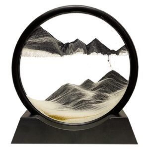 hyugf moving sand art picture decor, 3d deep sea sandscape liquid motion, round glass frame display flowing sand relaxing gift for kids adults home office work desktop decoration toy (black, 7")