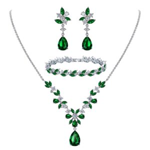 elequeen women's wedding bridal jewelry set for brides bridesmaids, sparkle cubic zirconia teardrop necklace dangle earrings bracelet sets for party prom emerald color