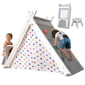 merax foldable triangle climber, 4-in-1 kids hideaway play tent with art easel, stool for toddlers, climbing triangle crawling tunnel toy activity play set (white)