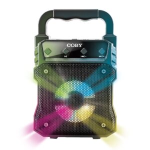 coby portable bluetooth speaker | wireless pa system with fm radio | microphone input | karaoke machine with lights | perfect for kids adults outdoors