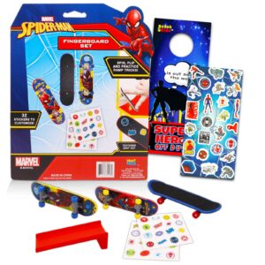 marvel spiderman fingerboard toy set ~ 3 pc bundle spiderman finger skateboard for kids, spiderman stickers, and door hanger (superhero party favors)