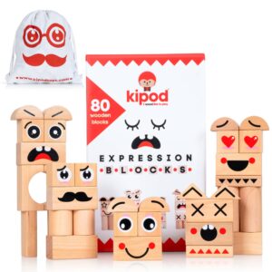 kipod wooden building blocks set for kids (80pcs) – preschool blocks stacking game – construction and matching for emotional development and fine motor skills - montessori toy 2-8 years