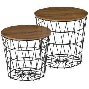 homcom end tables set of 2, nesting tables with storage, round accent side tables with removable top for living room, black/brown