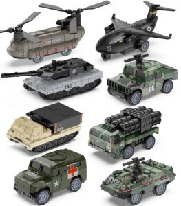 small army toy cars, geyiie die cast military truck vehicles toys for kids, army helicopter, tanks, mini car set as easter basket stuffers gifts for boys girls age 3-8, east party favor