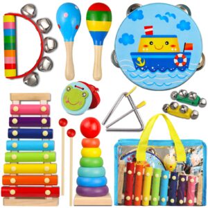 looikoos toddler musical instruments set wooden percussion instruments toy for kids baby preschool educational musical toys for boys and girls with storage bag