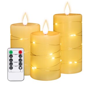 flameless battery operated flickering valentine's romantic candle,with embedded string lights 3 pack led electric candle with 10-key remote control, dancing flame, real wax(batteries not included)