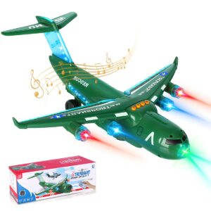 airplane toy, livego bump and go electric detachable plane toys with led flashing light music remote control battery operated for kids boys girls toddler travel 3-7 year old birthday gift, green