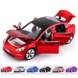 1:32 scale model 3 car toy pull back with sound and light, alloy diecast mini vehicles toys for kids gift or tesla car model collection enthusiasts gift (brilliant red)