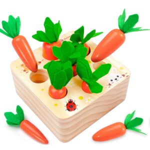 sgvv90 shape sorting matching montessori wooden toy, farm harvest stem puzzle game with 7 sizes vegetables and fruits, developmental preschool educational gifts for toddlers (carrot)