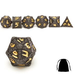 ms hong metal d&d dice set,7 pieces dragon scale metallic die with velvet pouch for dungeons and dragons rpg mtg table games pathfinder shadowrun math teaching scales-dragons tattoo-black