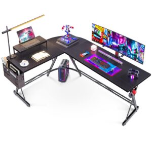 casaottima l shaped gaming desk, 66" home office desk with round corner, computer desk with large monitor stand desk workstation, black