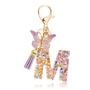 okaicen fashion snowflakes alphabet initial letter keychain purple tassel butterfly pendant key ring for purse handbags women girl ('m')