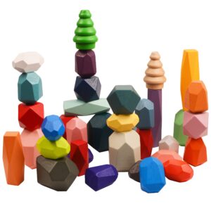 ghims kids stacking toys, 36 pcs wooden stacking toys, montessori stacking toys for toddles, balancing stone rocks building blocks educational preschool toys, colorful game lightweight puzzle set