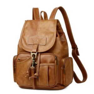 vojad backpack purse for women fashion leather designer travel large ladies vintage style shoulder bags with drawstring (light brown)