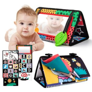 unih tummy time floor mirror baby toys with teethers & cloth books - high contrast black & white sensory toy for newborn infant babies toys 0 3 6 months