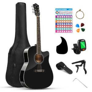 moukey 41" acoustic guitar for beginners adult teen full size guitarra acustica with chord poster, gig bag, tuner,steel strings, capo, strap - black