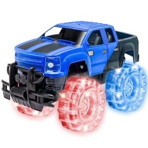 artcreativity light up blue & black monster truck, 1 piece, 8 inch toy monster truck with flashing led tires & batteries, push n go car toys for kids, fun gift for boys & girls ages 3 & up