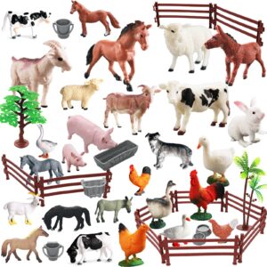 realistic farm animal figures toys, 44 pcs plastic farm figurines playset includes fences mini farm animal cake topper learning toy set for kids & toddlers