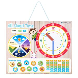 navaris kids magnetic clock - early years learning - time telling and time of day educational chart for children - kids wall board - english, beige