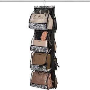 clozzers 8 pocket hanging purse organizer for closet, handbag storage with clear vinyl pockets. diamond print beige