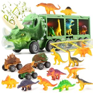 dinosaur toy trucks for kids - 28 pack pull back cars set with flashing lights, music,roaring sound,dinosaur car with cars launcher track for boys girls age 3 4 5 6 7 8 year old (green)