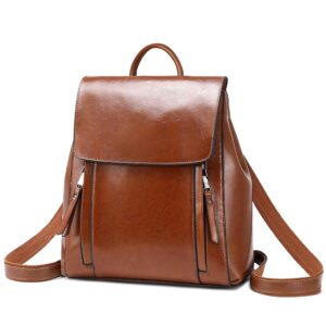 iswee vintage waxy leather ladies backpack purses for women backpack style anti-theft casual daypack shoulder bag fashion bag (brown)