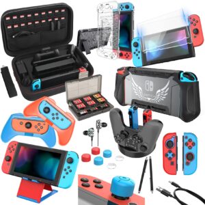 heystop accessory switch pack: pouch for nintendo switch, protective switch case, steering wheel and grip cover, tempered glass, thumb grip, card box, type c & more cable, red & blue