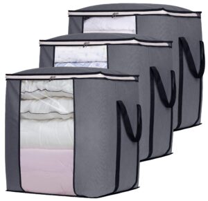 sleeping lamb 120l oversized blanket storage bags sturdy fabric clothes storage containers for king comforter bedding pillow sheet, grey, 3 packs