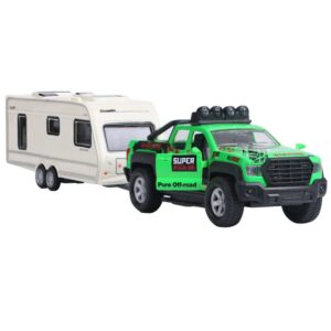 pickup truck trailer towing toy camper 2 in 1 playset rv motorhome toys for boys diecast model car metal pull back toy cars 1/36 scale suv doors open light sound kids birthday gifts, green