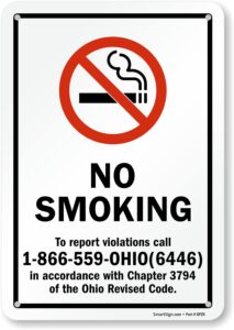 smartsign 10 x 7 inch “no smoking - to report violations call 1-866-559-ohio(6446) in accordance with chapter 3794” ohio state sign, digital printing, 55 mil hdpe plastic, red, black and white