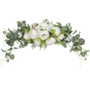 hiiarug artificial peony flower swag, 31 inch decorative swag with peonies hydrangeas eucalyptus leaves for home room garden lintel wedding arch party decor (white, 31")