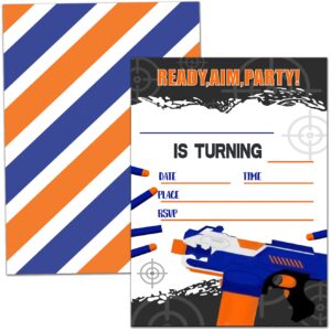 birthday party invitation cards, dart war party celebration, blaster nerf gun battle birthday party supplies, favors, 20 cards with 20 envelopes – (b03)