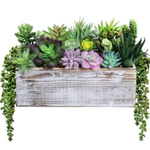 19 pcs assorted artificial succulents fake plants in rectangular wooden pot succulents garden in wood planter box potted succulents plants arrangement for table centerpiece windowsill greenery decor