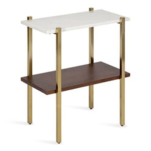 kate and laurel abcott midcentury side table, 20 x 12 x 24, walnut brown and gold, decorative two-tier bedroom nightstand table with genuine marble tabletop