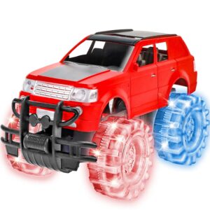 artcreativity light up red monster truck toy, 1 piece, 8 inch toy monster truck with flashing led tires and batteries, push n go car toys for kids, fun gift for boys & girls ages 3 and up