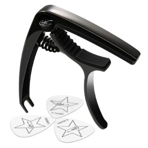 hricane guitar capo for acoustic and electric guitars with 3 picks, light black guitar capo or ukulele capos, mandolin, banjo, classical guitar accessories, made by steel and silicone