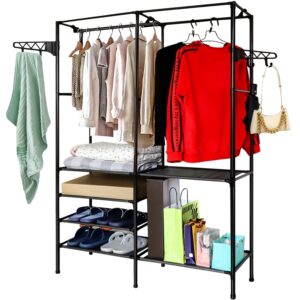 clewiltess garment freestanding clothes organizer closet, metal hanging storage organizer rack wardrobe with shelves& hanging rods,clothes hanger organizer (black)