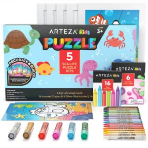 arteza kids coloring puzzle kit, 5 sea life puzzles, 16 crayons, 6 tubes of glitter glue, 5 frames, diy and screen-free kids’ activities, craft and art supplies for ages 3 and up